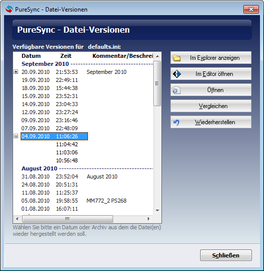 Show file versions - Screenshots - PureSync